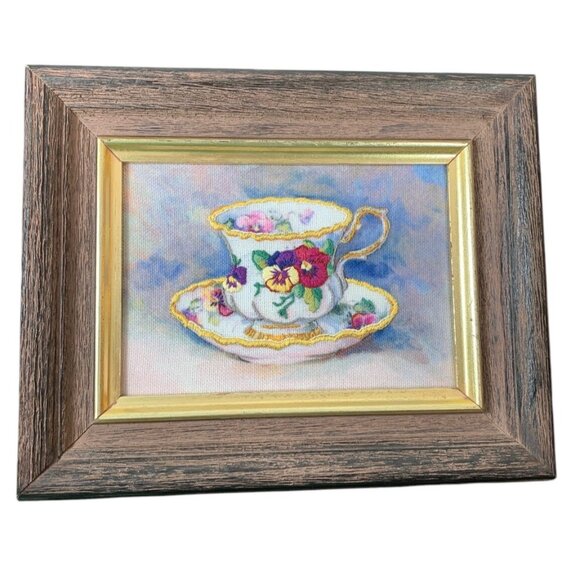 Vintage | Accents | Vintage Wood Frames Embroidered Teacup Floral Print ...